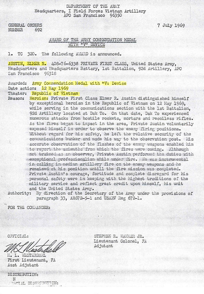 Photo: Vietnam 12 May 1969 - Army Commendation Medal with "V" Device ...